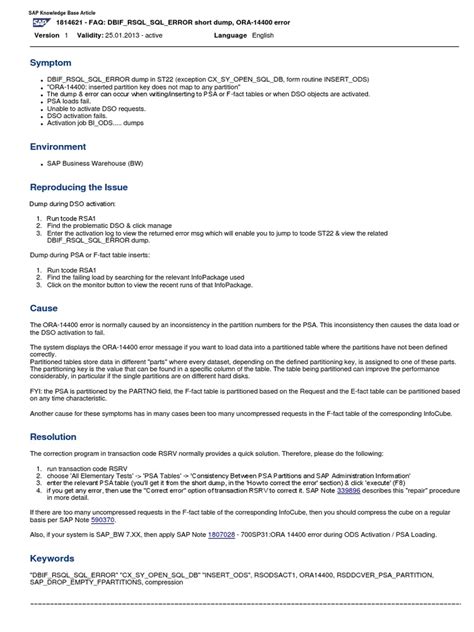 Faq Dbif Rsql Sql Error Short Dump Ora 14400 Error Pdf Data