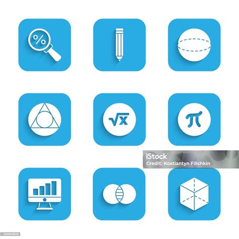 X 글리프의 제곱근 설정 수학 세트 A와 B 기하학적 도형 큐브 파이 기호 그래프 차트가 있는 컴퓨터 모니터 삼각형 수학 구 및 돋보기 백분율 아이콘 벡터 0명에 대한 스톡