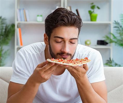 The Man Eating Pizza Having A Takeaway At Home Relaxing Resting Man