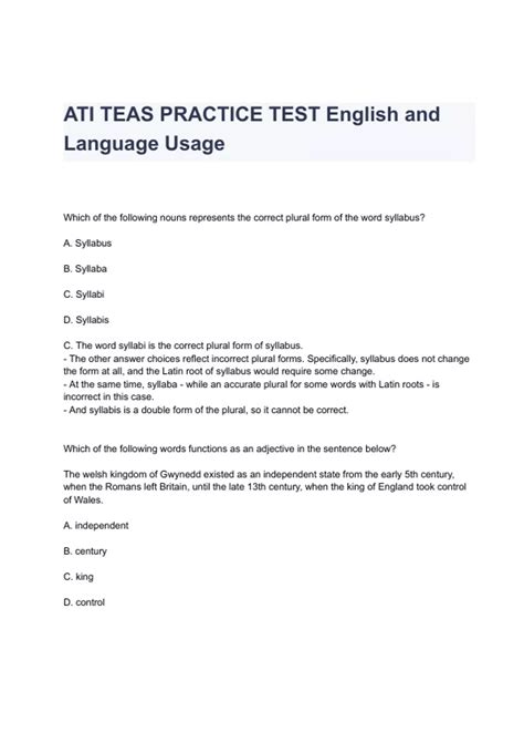 ATI TEAS PRACTICE TEST English And Language Usage Questions Answers A GRADED