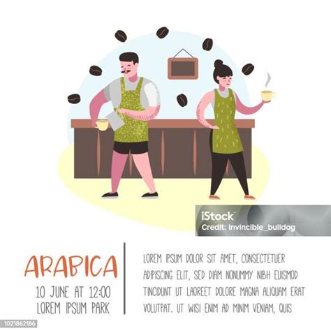 커피숍에서 평면 문자 바리 스타 남자와 여자 컵 찻잔 및 포스터 배너에 대 한 커피 콩 만화 카페 직원 벡터 일러스트 레이 션