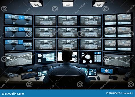 Secure Surveillance Cctv Room Monitoring Multiple Camera Feeds Ai Stock Illustration