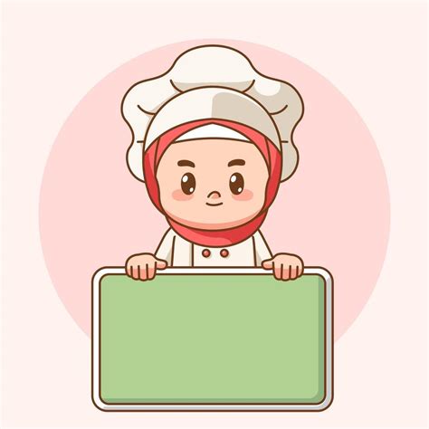 Cute Hijab Girl Chef Cook Hold Blank Space Board Banner Chibi Kawaii