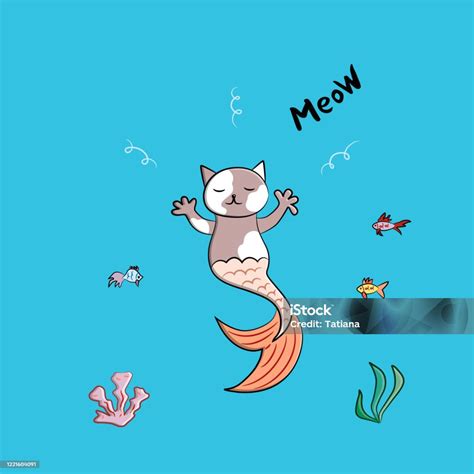 바다 자연에서 인어 고양이입니다 물고기 같은 꼬리를 가진 새끼 고양이의 귀여운 캐릭터 작은 물고기 해초 야옹 잉크 편지 파란색 배경에서 격리된 스톡 벡터 그림입니다 0명에
