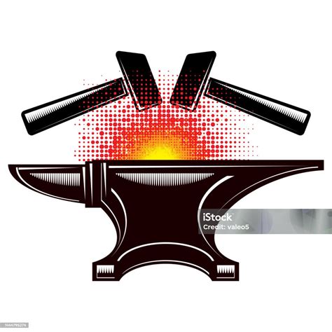 모루와 망치 아이콘은 흰색 배경에 빨간색 점선 플래시가 있습니다 산업 로고 디자인 금속에 대한 스톡 벡터 아트 및 기타 이미지 금속 International