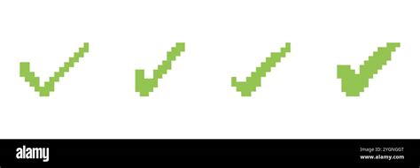 Pixel Art Green Check Marks Set In Various Shapes Validation And Confirmation Symbol Collection