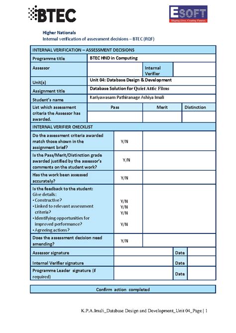 Unit 04 Database Design And Development Higher Nationals Internal Verification Of Assessment
