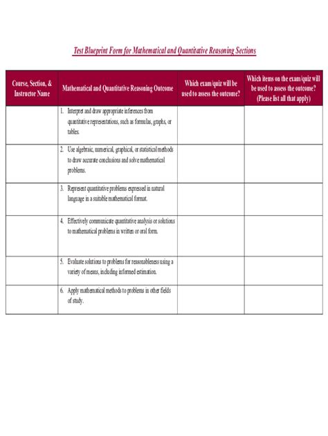 Fillable Online Mathematical And Quantitative Reasoning Test Blueprint