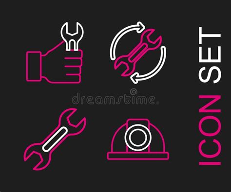 Set Line Worker Safety Helmet Wrench Spanner And Arrows As Workflow