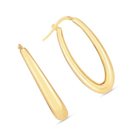 14k Yellow Gold Elongated Oval Hoop Earrings With Polished Finish And