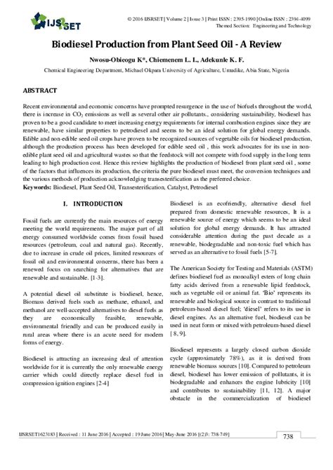 Pdf Biodiesel Production From Plant Seed Oil A Review