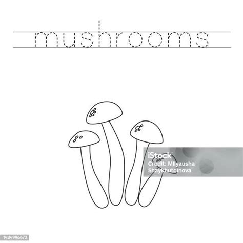글자를 추적하고 만화 버섯을 색칠하십시오 아이들을 위한 필기 연습 교육에 대한 스톡 벡터 아트 및 기타 이미지 교육 귀여운
