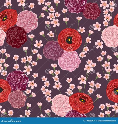 Seamless Pattern With Red Ranunculus Carnation Flowers And