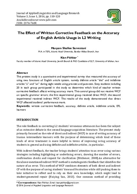 Pdf The Effect Of Written Corrective Feedback On The Accuracy Of English Article Usage In L2
