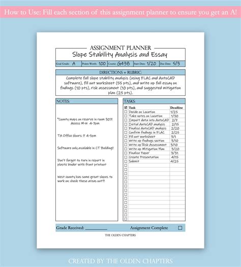 Printable Assignment Worksheet School Project Planner College