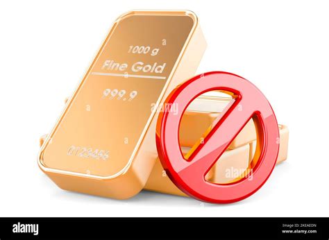 Gold Bars With Prohibition Sign 3d Rendering Isolated On White
