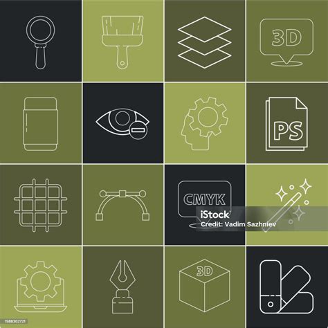 라인 색상 팔레트 가이드 마술 지팡이 Ps 파일 문서 레이어 적목 현상 지우개 고무 돋보기 및 기어 내부 아이콘이 있는 사람의 머리를 설정합니다 벡터 개념에 대한 스톡 벡터