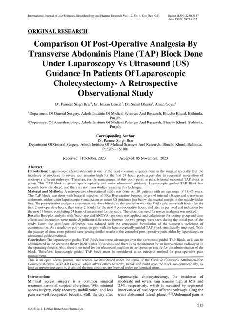 Pdf Comparison Of Post Operative Analgesia By Transverse Abdominis Plane Tap Block Done