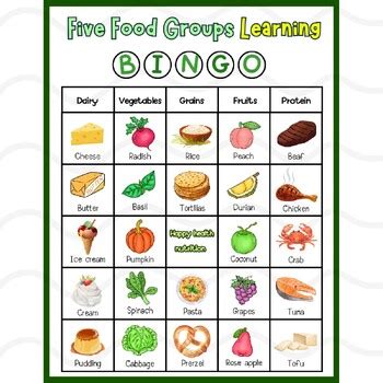 Five Food Groups Learning Bingo Game Printable Fun Nutrition Bingo
