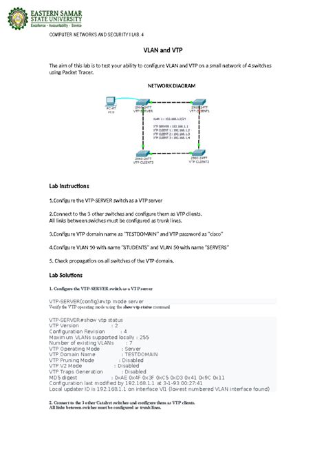 CNS Lab Est Its An Lab Manual COMPUTER NETWORKS AND SECURITY I LAB VLAN And VTP The Aim
