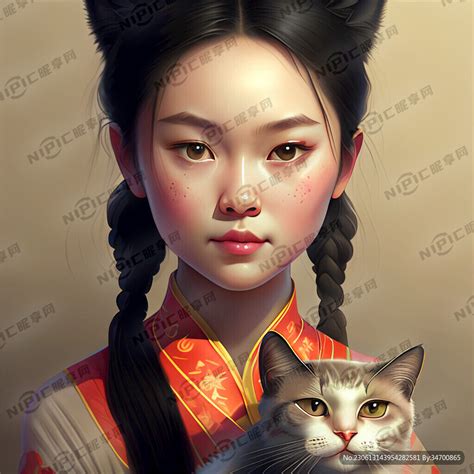 Ai创作图女孩 猫咪 昵图网