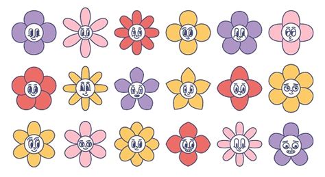 여름 그루비 플라워 헤드 스티커 세트 재미 있는 행복한 복고풍 만화 캐릭터 데이지 트리피 스타일의 카모마일 0명에 대한 스톡 벡터 아트 및 기타 이미지 Istock