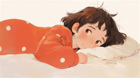 身穿橙色波点睡衣的可爱卡通小女孩趴在床上插画图片下载 正版图片402614041 摄图网