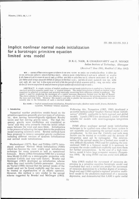 Pdf Implicit Nonlinear Normal Mode Initialization For A Barotropic Primitive Equation Limited
