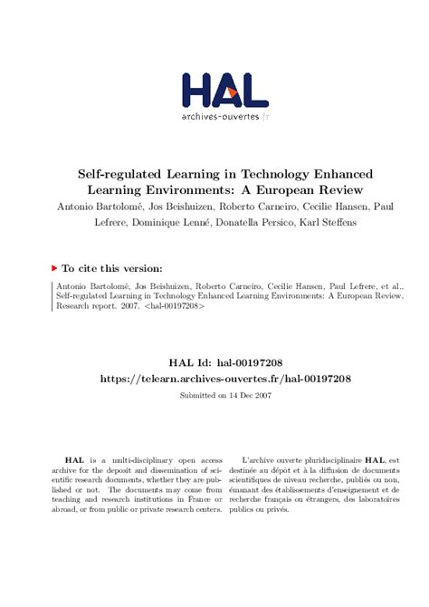 Pdf Self Regulated Learning In Technology Enhanced Learning Environments A European Survey