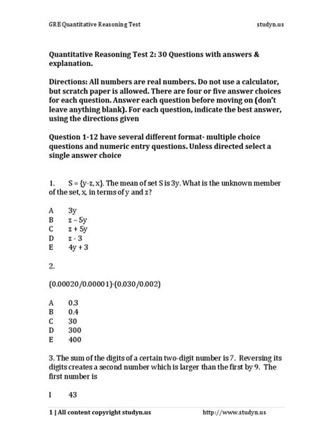 Gre Quantitative Reasoning Practice Test 2pdf Fraction Mathematics Graduate Record