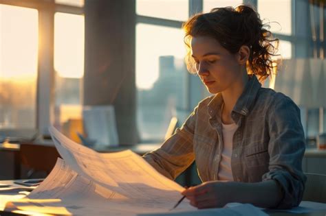 Female Engineer In Office Analyzing Construction Blueprints With Camera Premium AI Generated Image