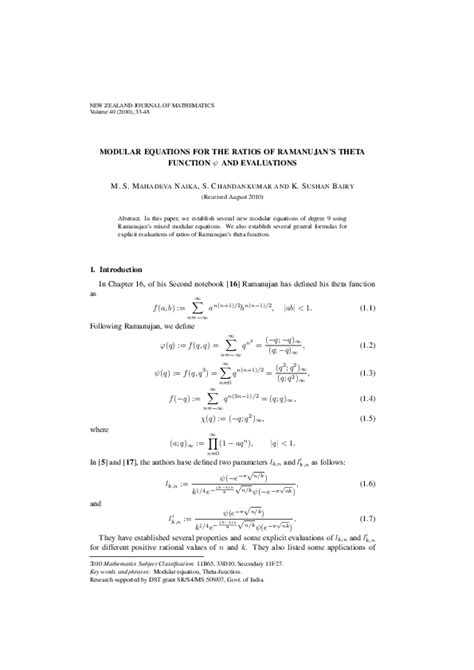 Pdf Modular Equations For The Ratios Of Ramanujans Theta Function ψ And Evaluations