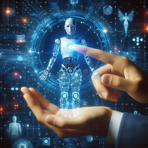 Ai Machine Learning Robot And Human Hands Touching Big Data Network Stock Illustration