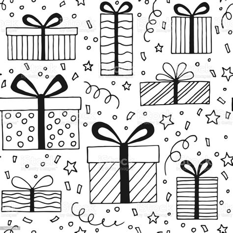 다른 활을 가진 선물 상자를 가진 이음새가 없는 무늬 손으로 그린 벡터 일러스트레이션 파티에 대한 스톡 벡터 아트 및 기타 이미지 파티 패턴 흑백 Istock
