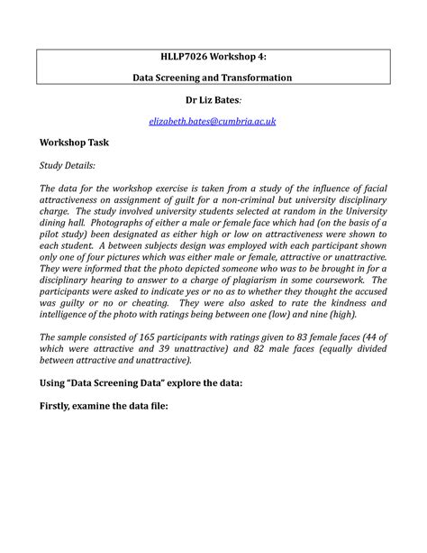 Data Screening Workshop Hllp7026 Workshop 4 Data Screening And