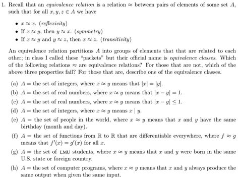 solved 1 recall that an equivalence relation is a relation