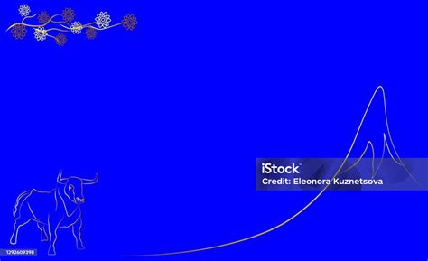새해 복 많이 받으세요 미니멀 한 엽서와 텍스트 황금 꽃 파란색 배경에 조디악 황소와 산에 대한 공간이 배너 전단지 초대장
