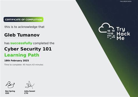 🎉 Learning Path Cyber Security 101 By Tryhackme Done According To