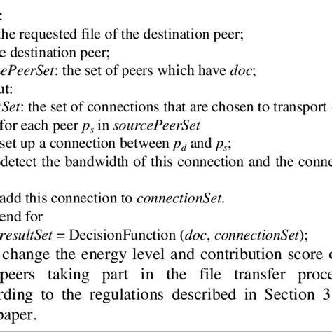 the pseudo code for the proposed source peer selection algorithm