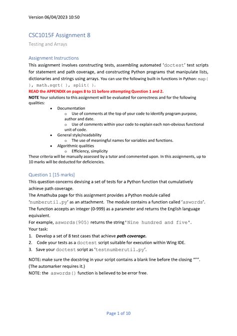 8 Testing And Arrays CSC1015F Assignment 8 Testing And Arrays Assignment Instructions This