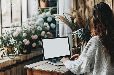 Woman Using Laptop Computer With Blank Screen For Mock Up Template Background Premium AI