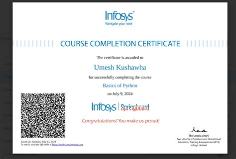 Completed Python Course By Infosys Umesh Kushwaha Posted On The Topic