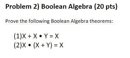 Solved Problem 2) ﻿Boolean Algebra (20 ﻿pts)Prove the | Chegg.com