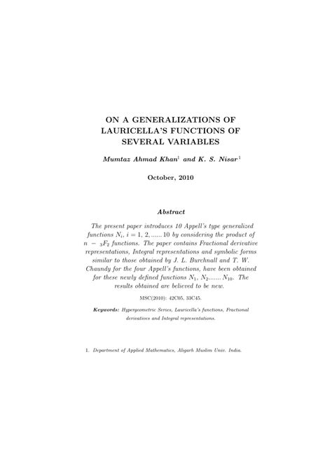 Pdf On A Generalizations Of Lauricellas Functions Of Several Variables