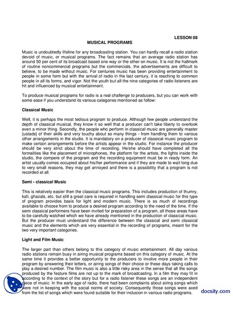 Musical Programs Introduction To Broadcasting Lecture Handout Docsity