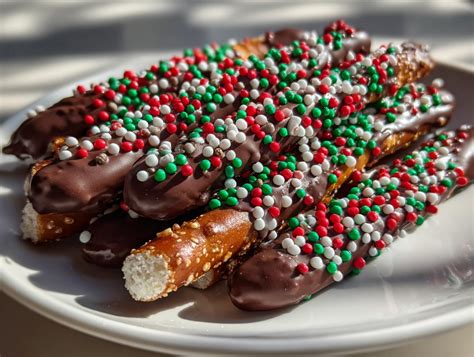 Amazing Chocolate Dipped Pretzel Rods Holiday Sprinkles