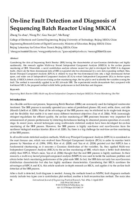 Pdf On Line Fault Detection And Diagnosis Of Sequencing Batch Reactor Using Mkica