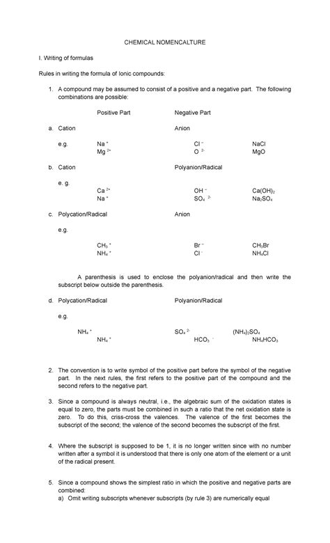 Chem Nomencalture Chemical Nomencalture I Writing Of Formulas Rules