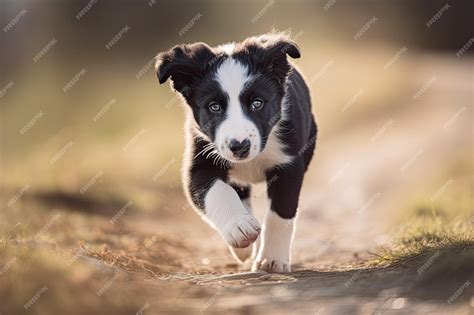 Un Cachorro Border Collie Blanco Y Negro Corre Por Un Camino De Tierra