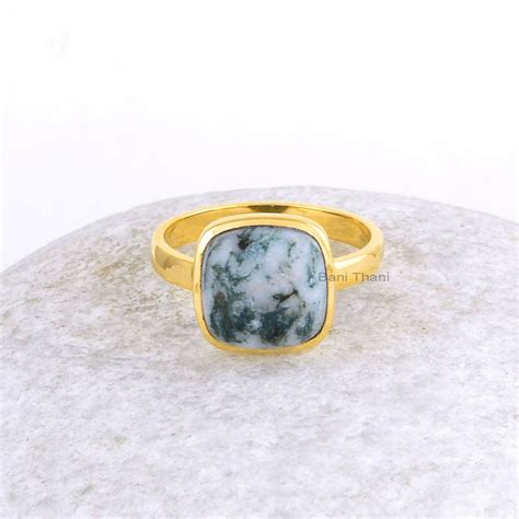 Tree Agate Silver Ring Gold Plated Gemstone Ring 925 Sterling Silver Handmade Ring Natural